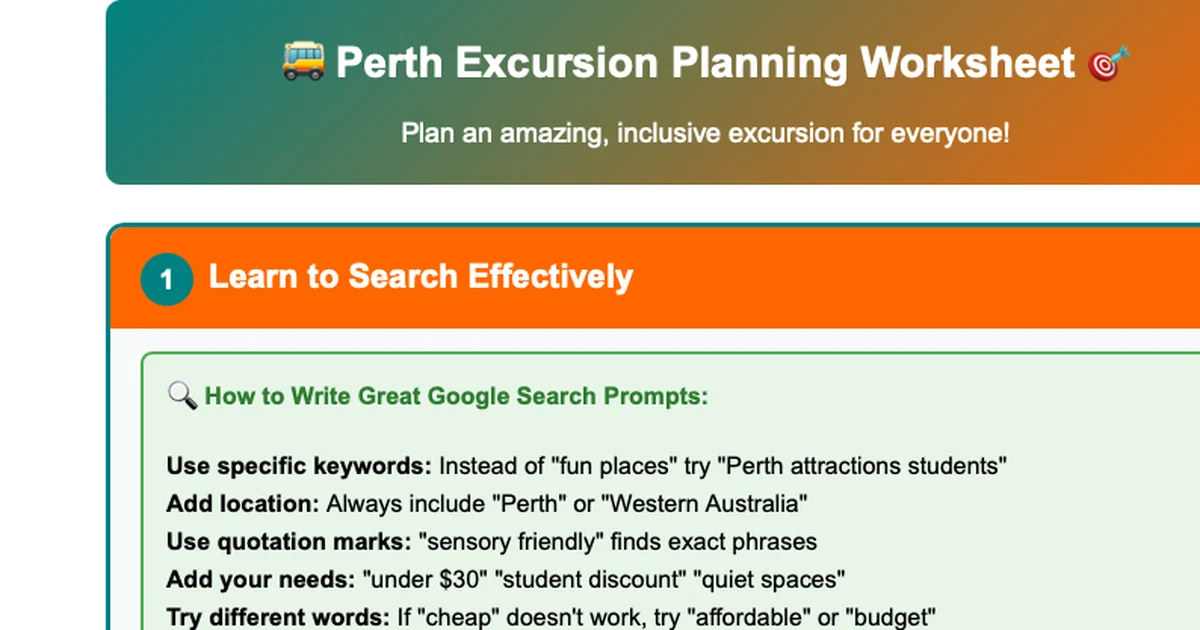 Perth Excursion Planning Worksheet | Claude