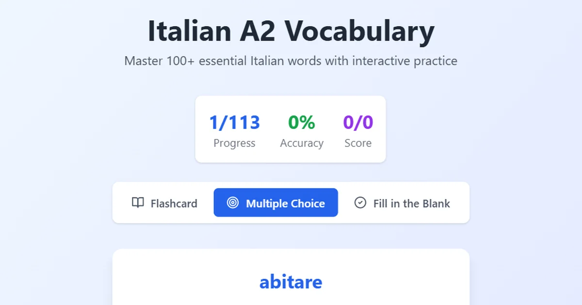 Italian A2 Vocabulary Flashcard App | Claude