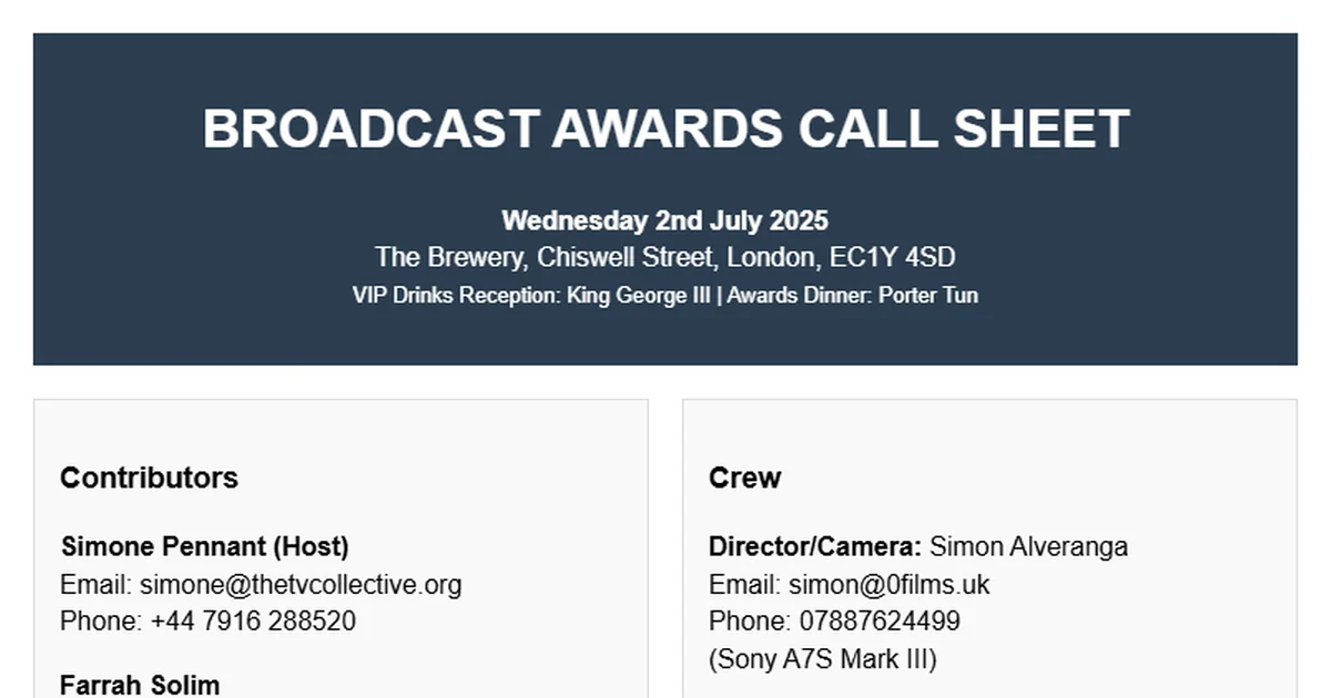 Broadcast Awards Call Sheet | Claude