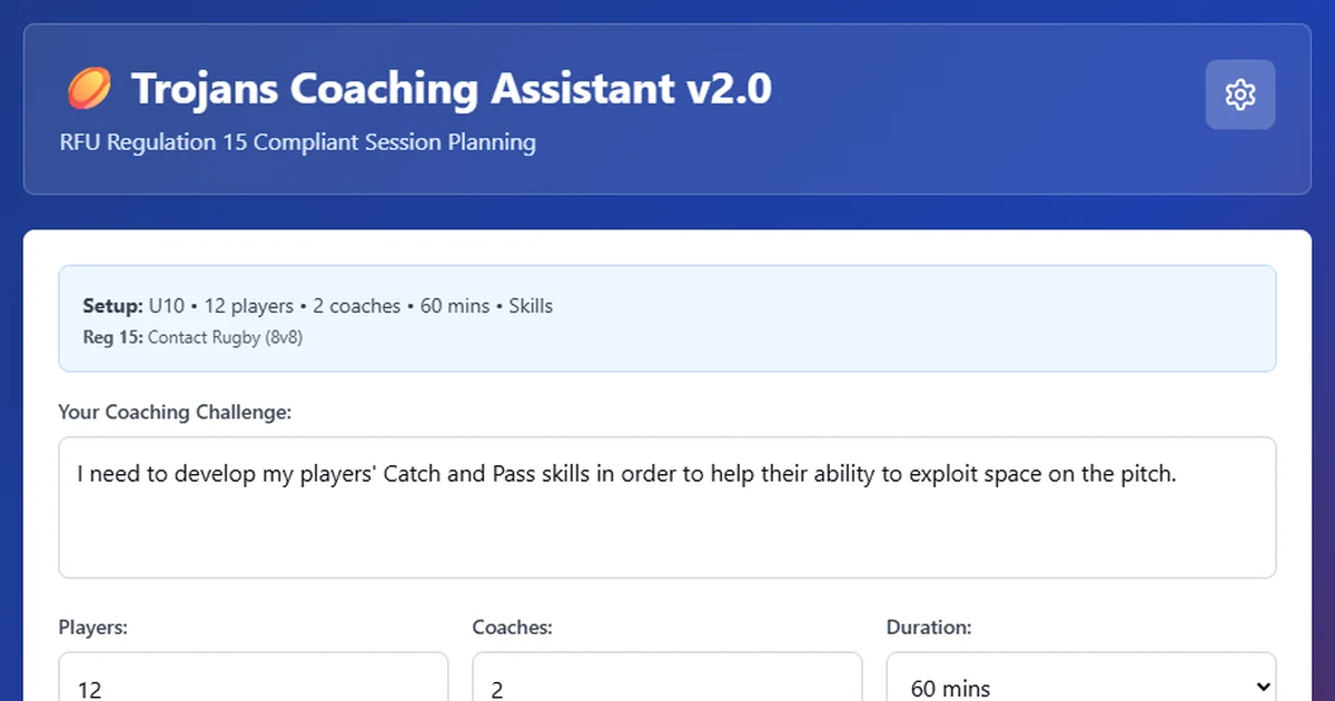 Rugby Coaching Session Planner - RFU Regulation 15 Compliant | Claude