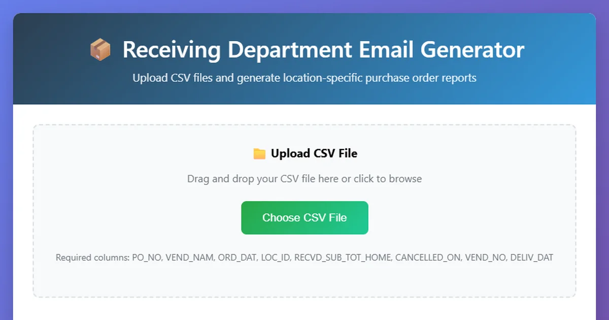 Receiving Department CSV Email Generator | Claude